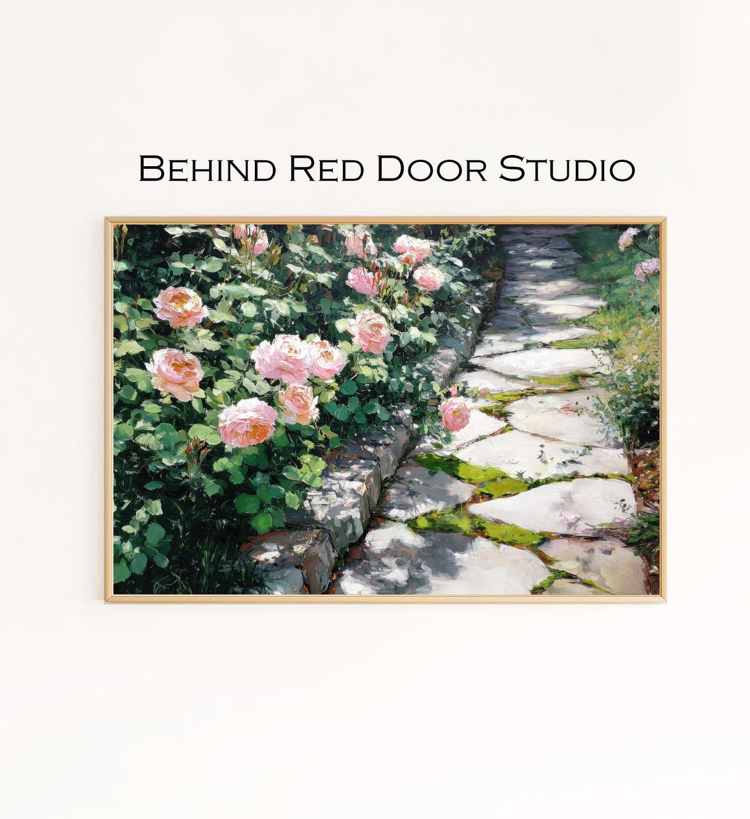 Narrow Garden Path Lined With Soft Blush Roses, Wall Art, Watercolor ...
