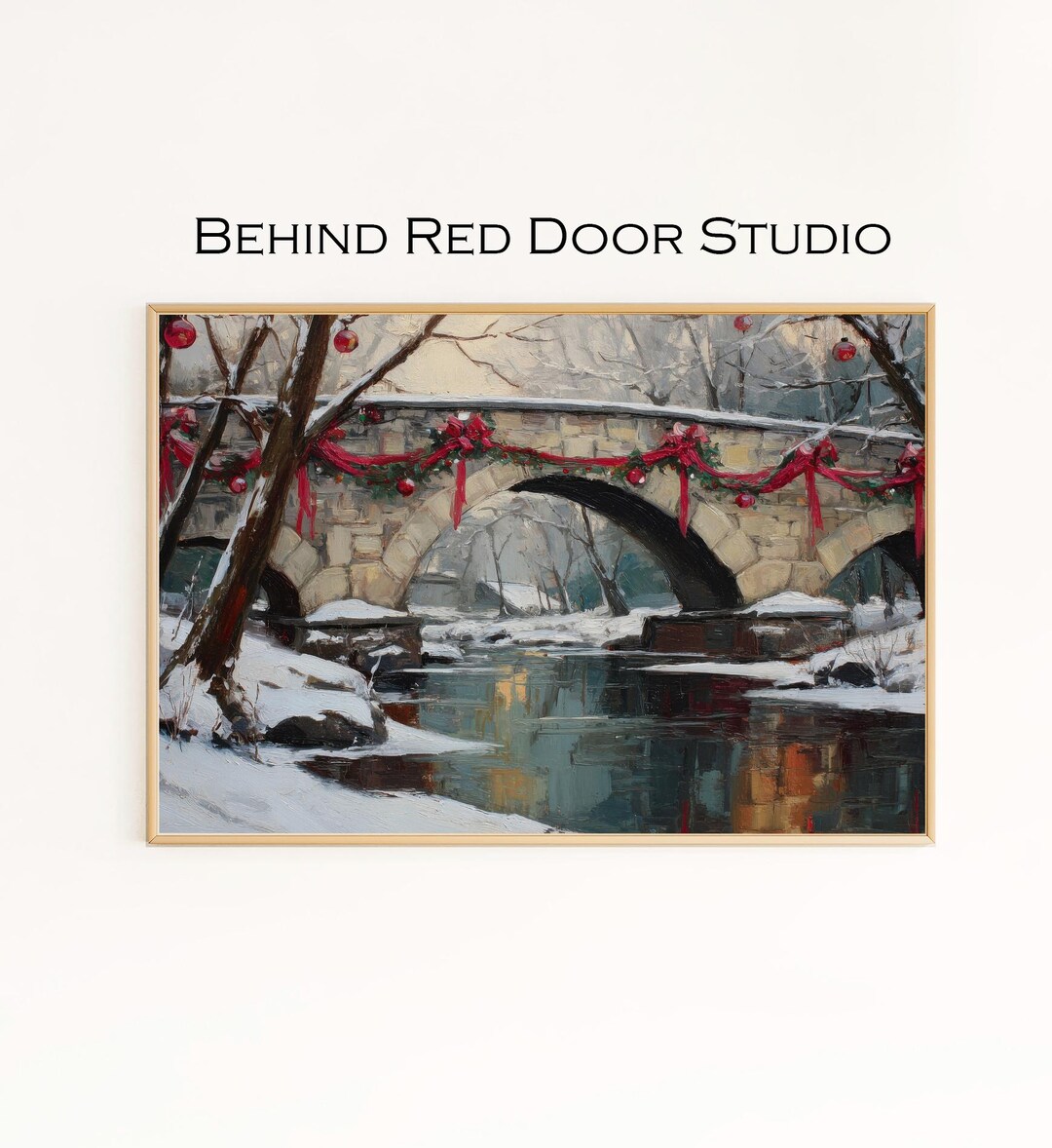 Old Stone Bridge With Red Ribbons and Garland, Wall Art, Watercolor ...