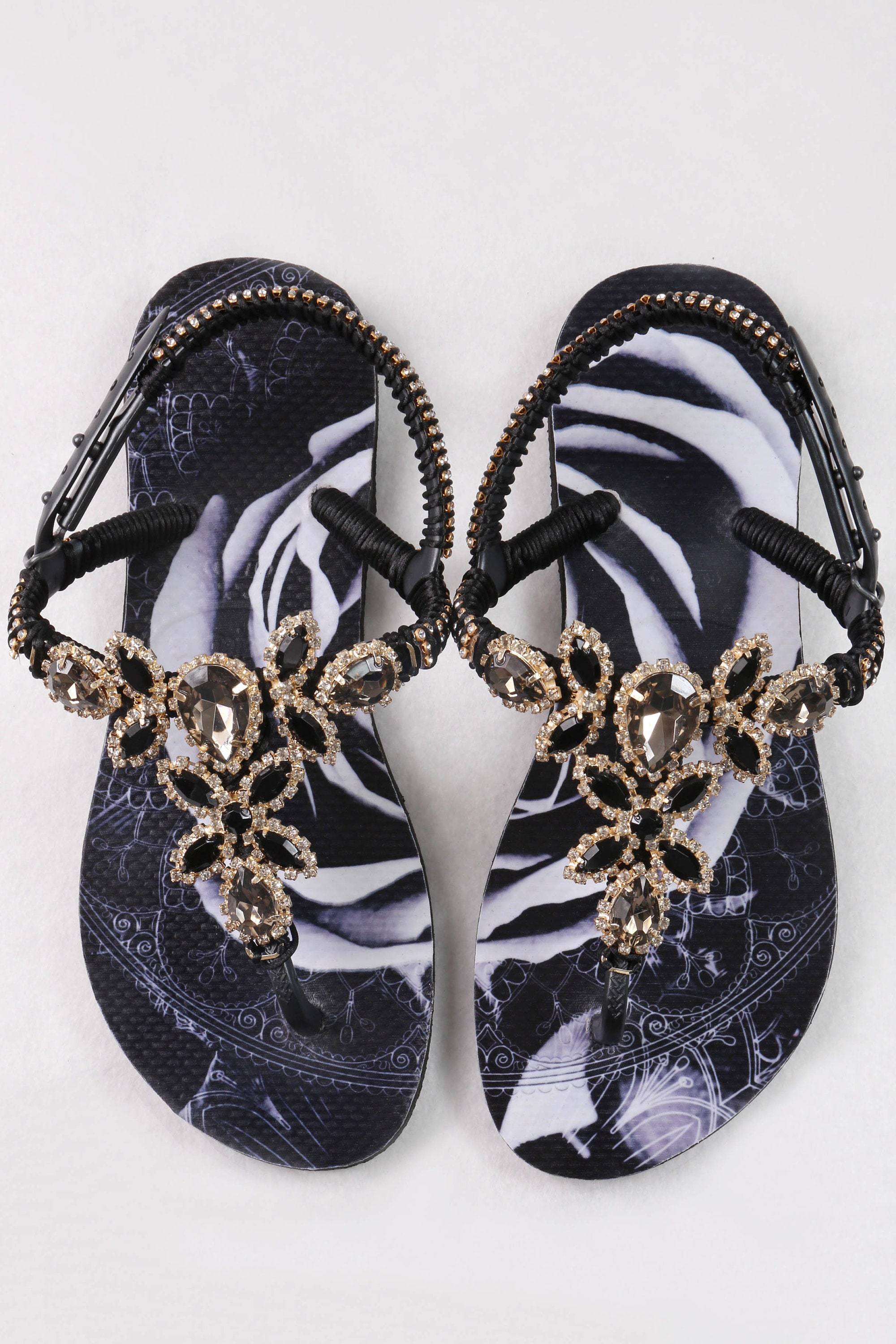 Brazilian Sandal, Floral Pattern With Black and Fume Rhinestones ...