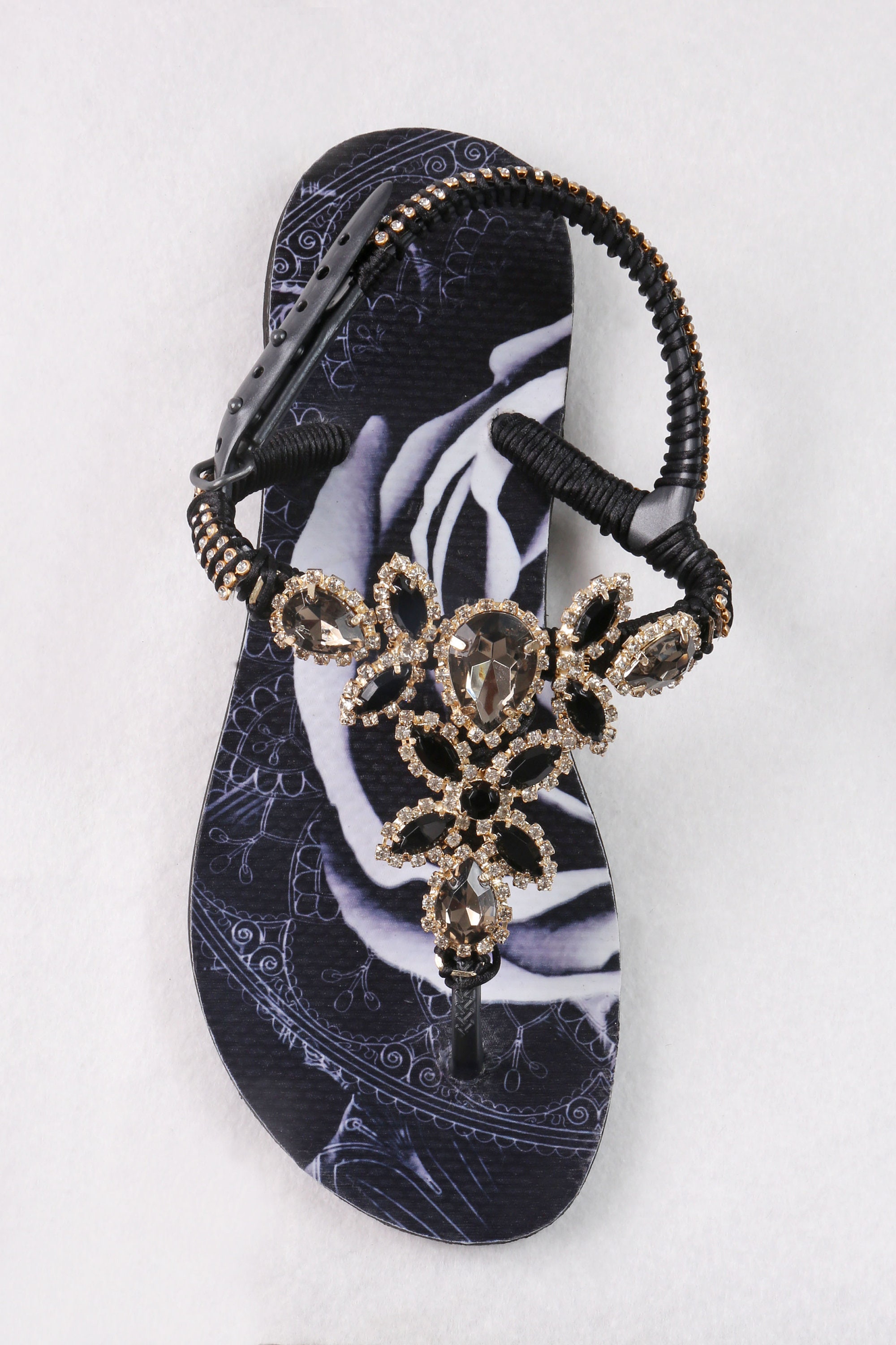 Brazilian Sandal, Floral Pattern With Black and Fume Rhinestones ...