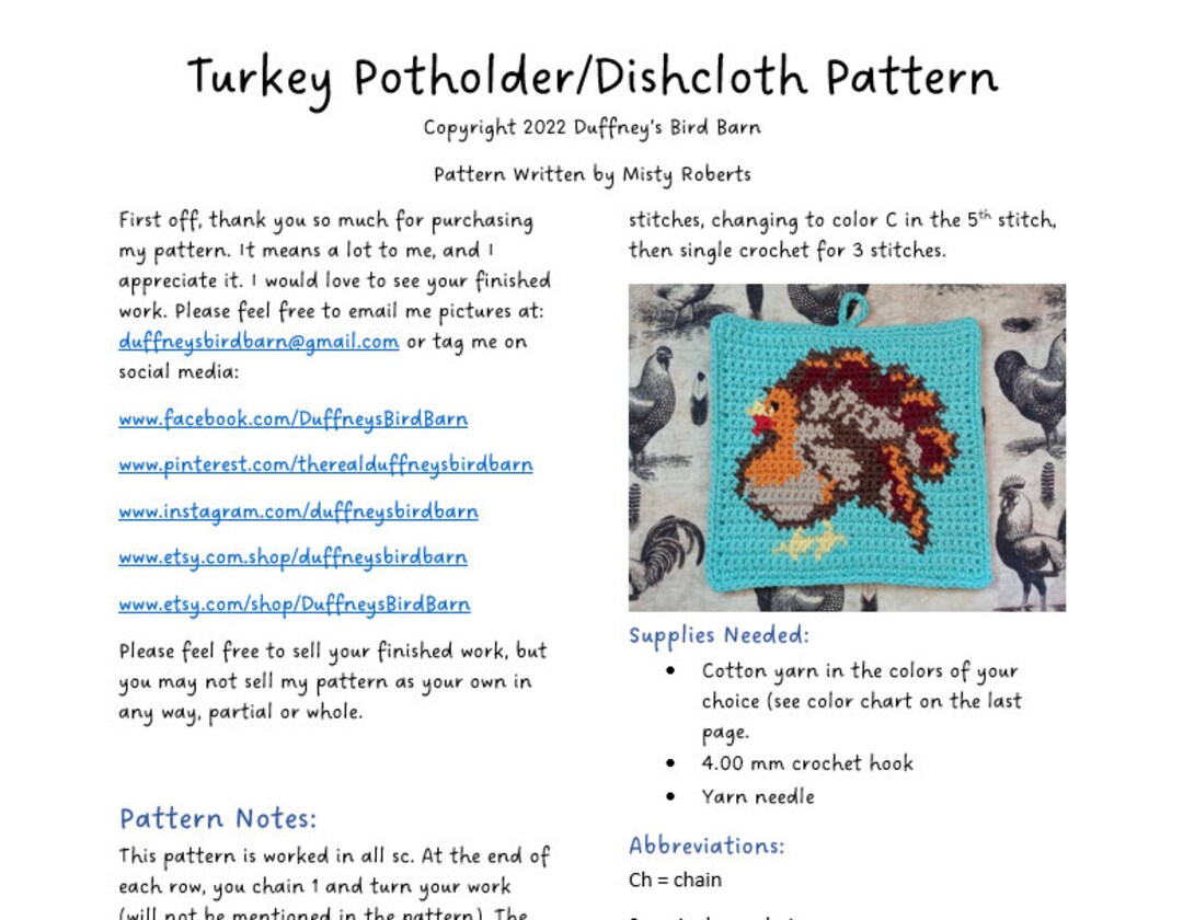 Turkey Potholder Dishcloth Crochet Pattern PATTERN ONLY - Etsy