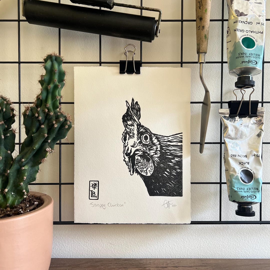 Stroppy Chicken - Original Linocut Country Farm Inspired Print Unframed ...