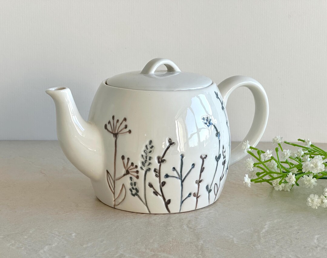 Ceramic Teapot With Debossed Floral Pattern, Teapot, Wild Flowers ...