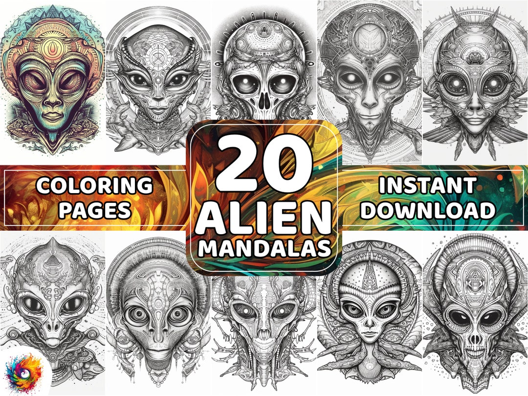 20 Alien Mandalas Grayscale Coloring Book for Adults & Kids - Etsy