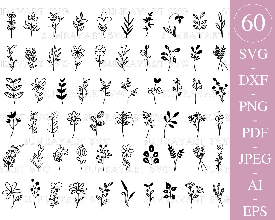 60 Floral Bundle Svg Files for Cricut, Botanical Flower PNG , Simple ...