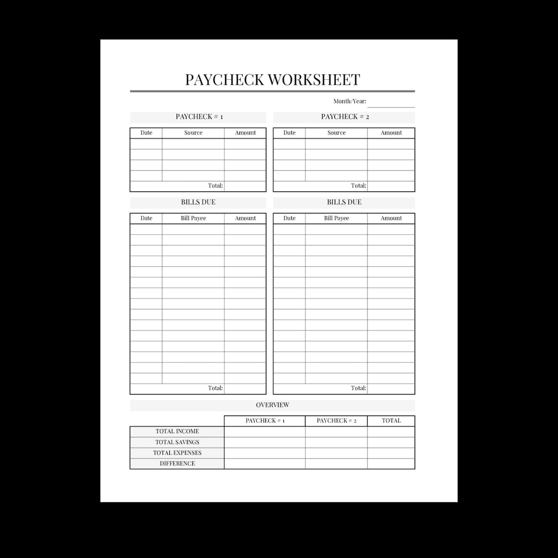 Paycheck Worksheet Tracker Paycheck Notes Letter Size - Etsy