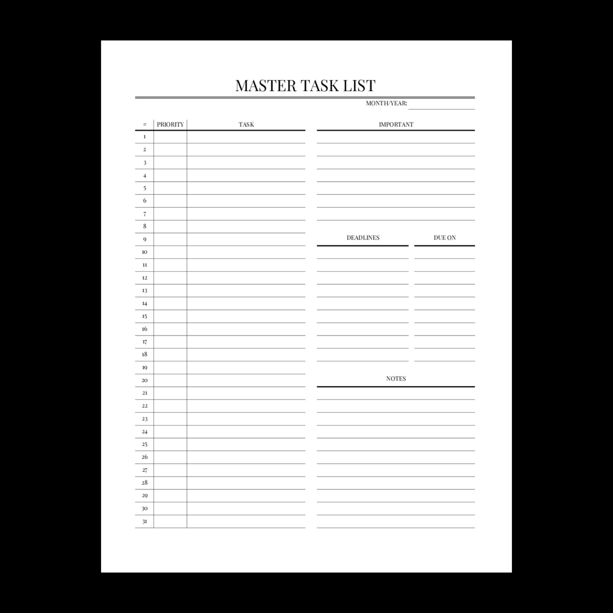 Master Task List Pdf