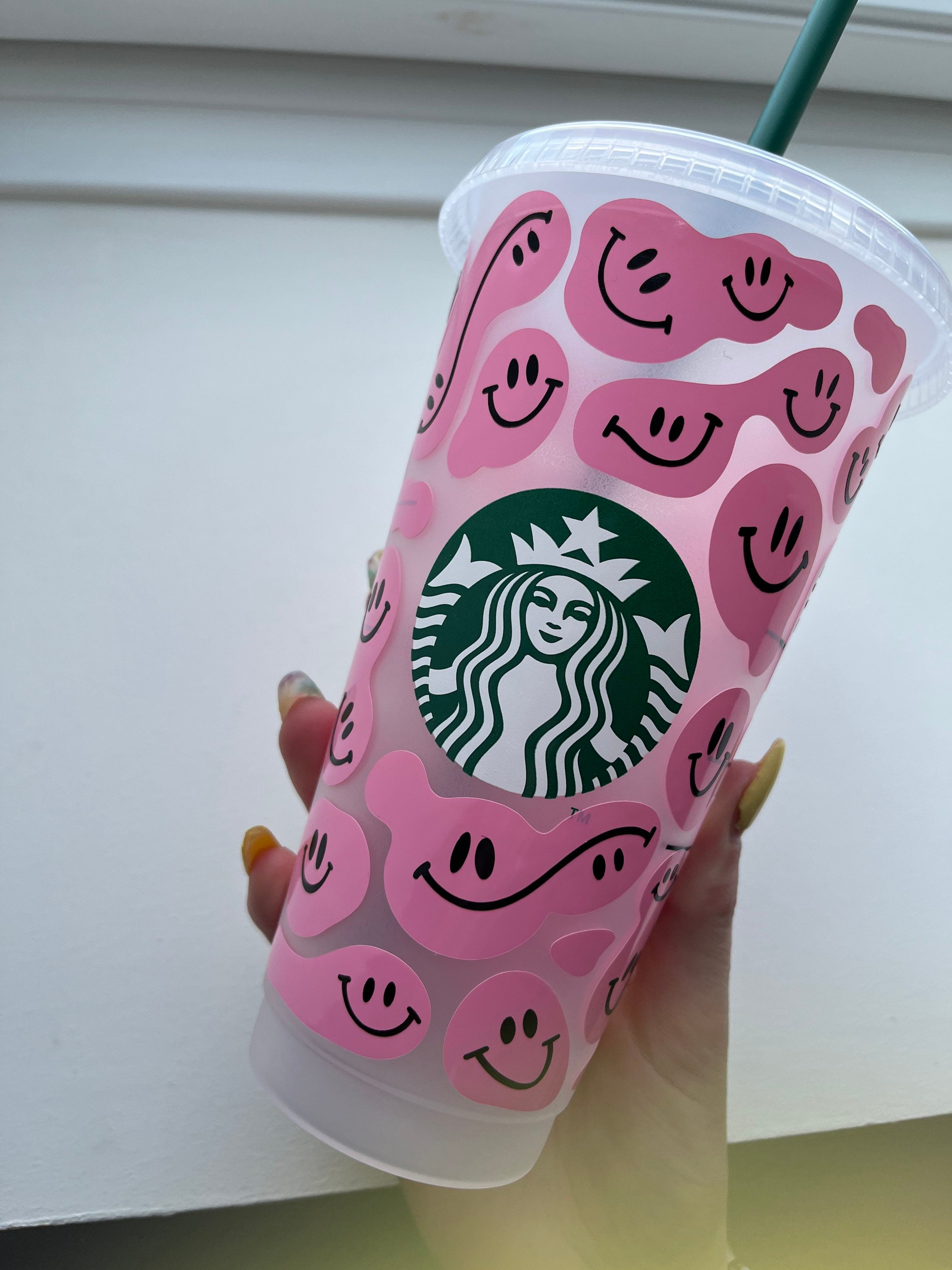 Starbucks Cup-smiley Face Starbucks Cup Pink Cold Cup - Etsy