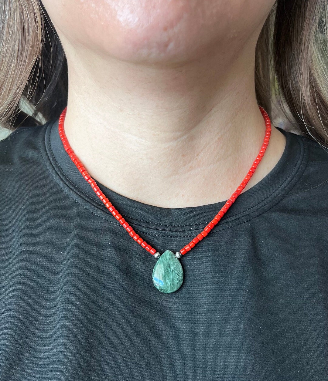Handmade Southwestern Genuine Red Coral & Seraphinite Sterling Silver ...