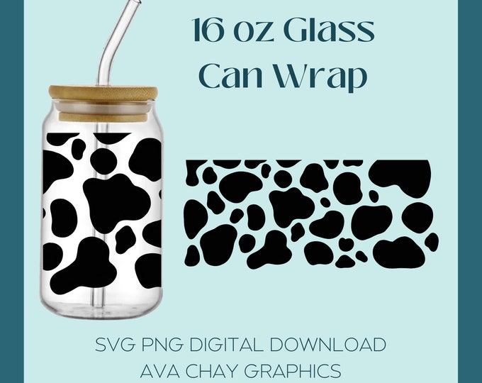 Cow Print Glass Can SVG, 16 Oz Libbey Full Wrap, Beer Can Glass SVG ...