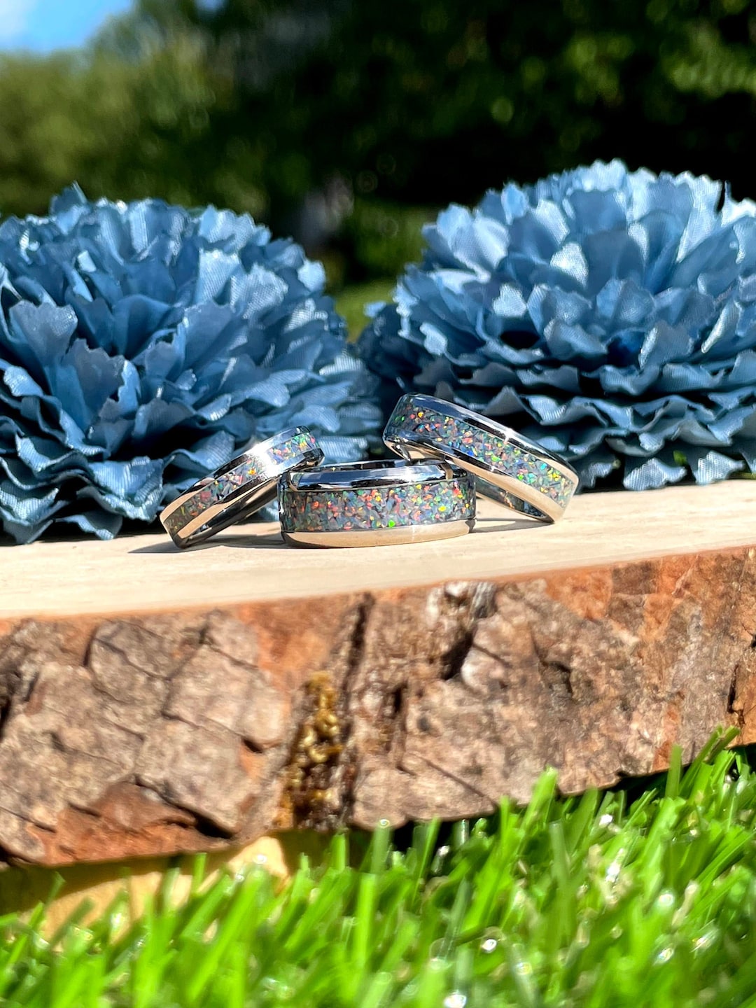 Star Dust Opal Inlay Ring, Stainless Steel, Titanium, Tungsten, Women ...