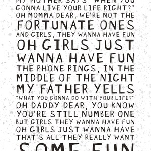 Girls Just Wanna Have Fun Lyrics Print Cyndi Lauper Inspired Music ...
