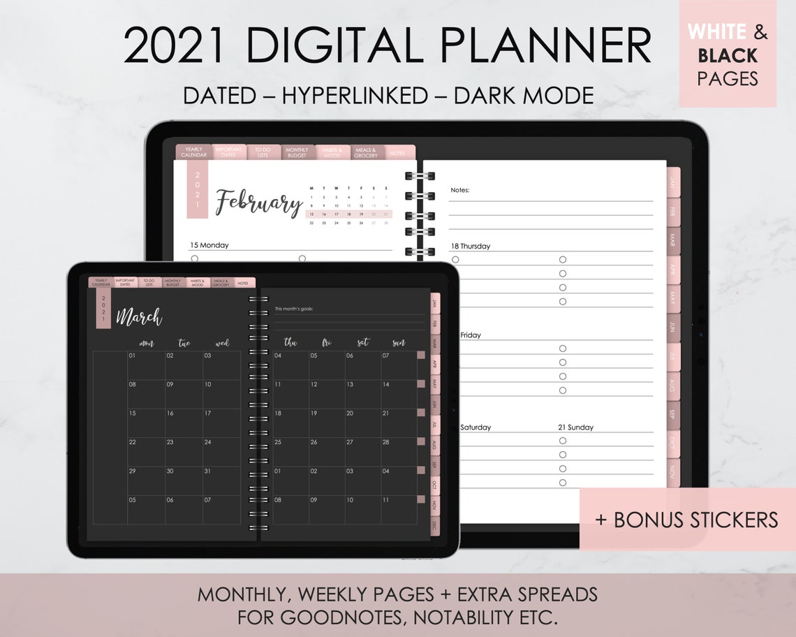 2021 Digital Planner Dated Dark Mode Black Stickers | Etsy