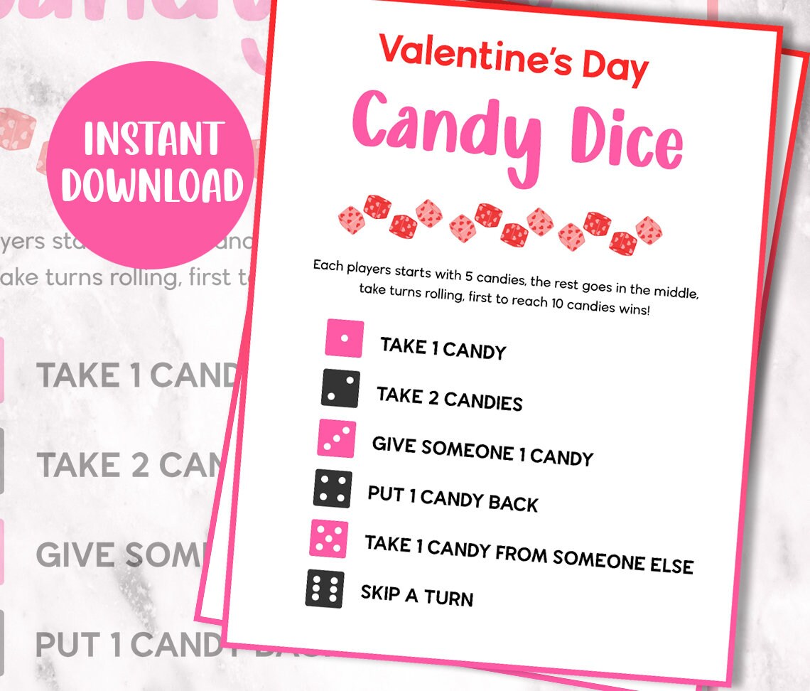 Valentine's Day Candy Dice Game, Candy Dice Printable Valentine's Day ...