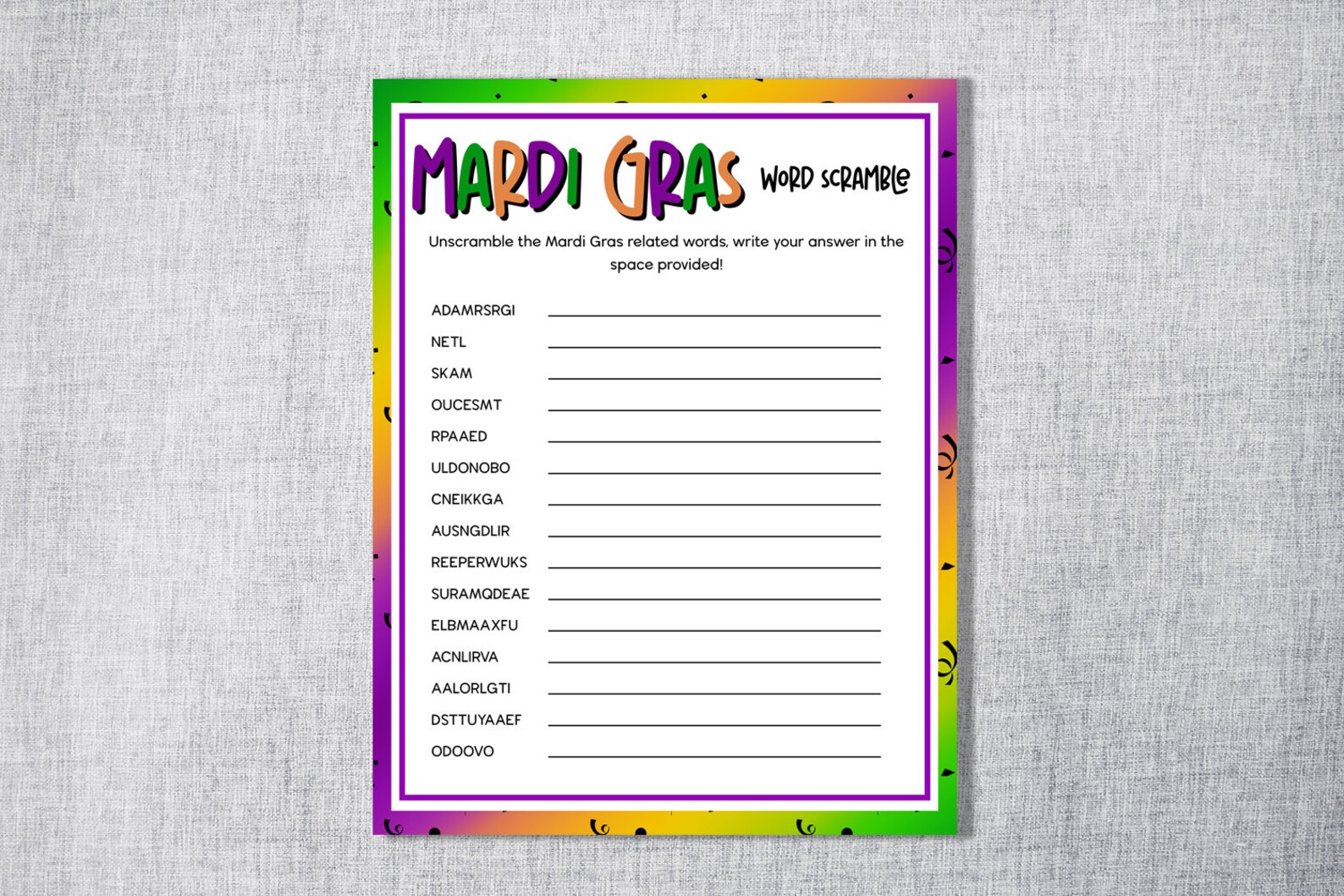 Mardi Gras Word Scramble | Word Scramble | Mardi Gras Party Games ...