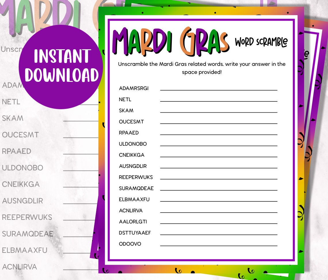 Mardi Gras Word Scramble | Word Scramble | Mardi Gras Party Games ...
