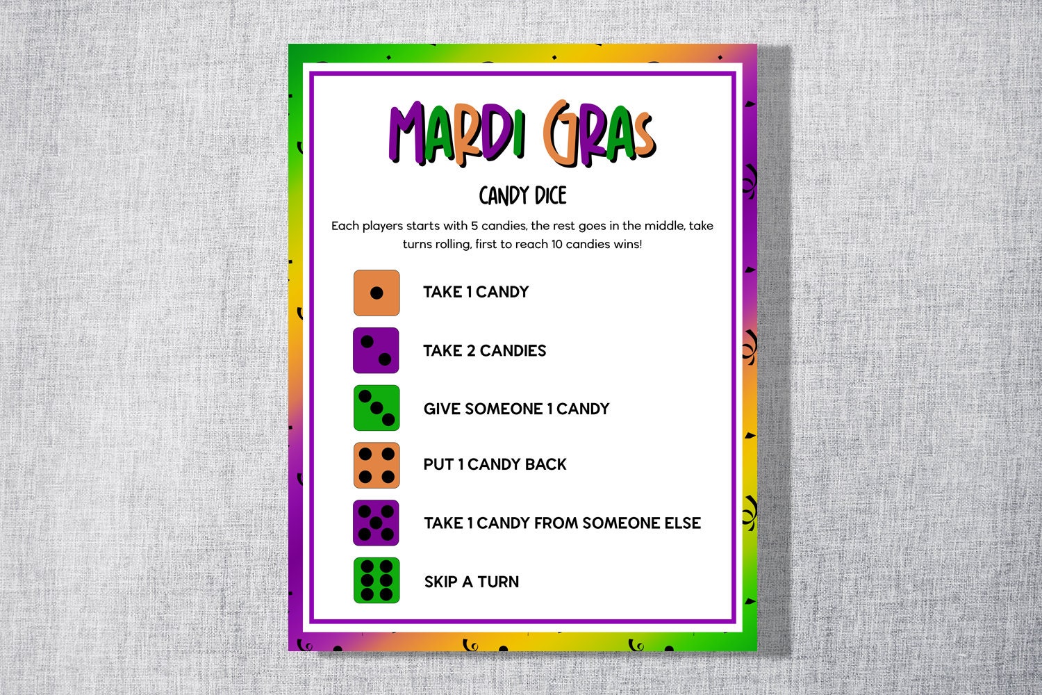 Mardi Gras Candy Dice Mardi Gras Game Kids Mardi Gras Game Mardi Gras ...