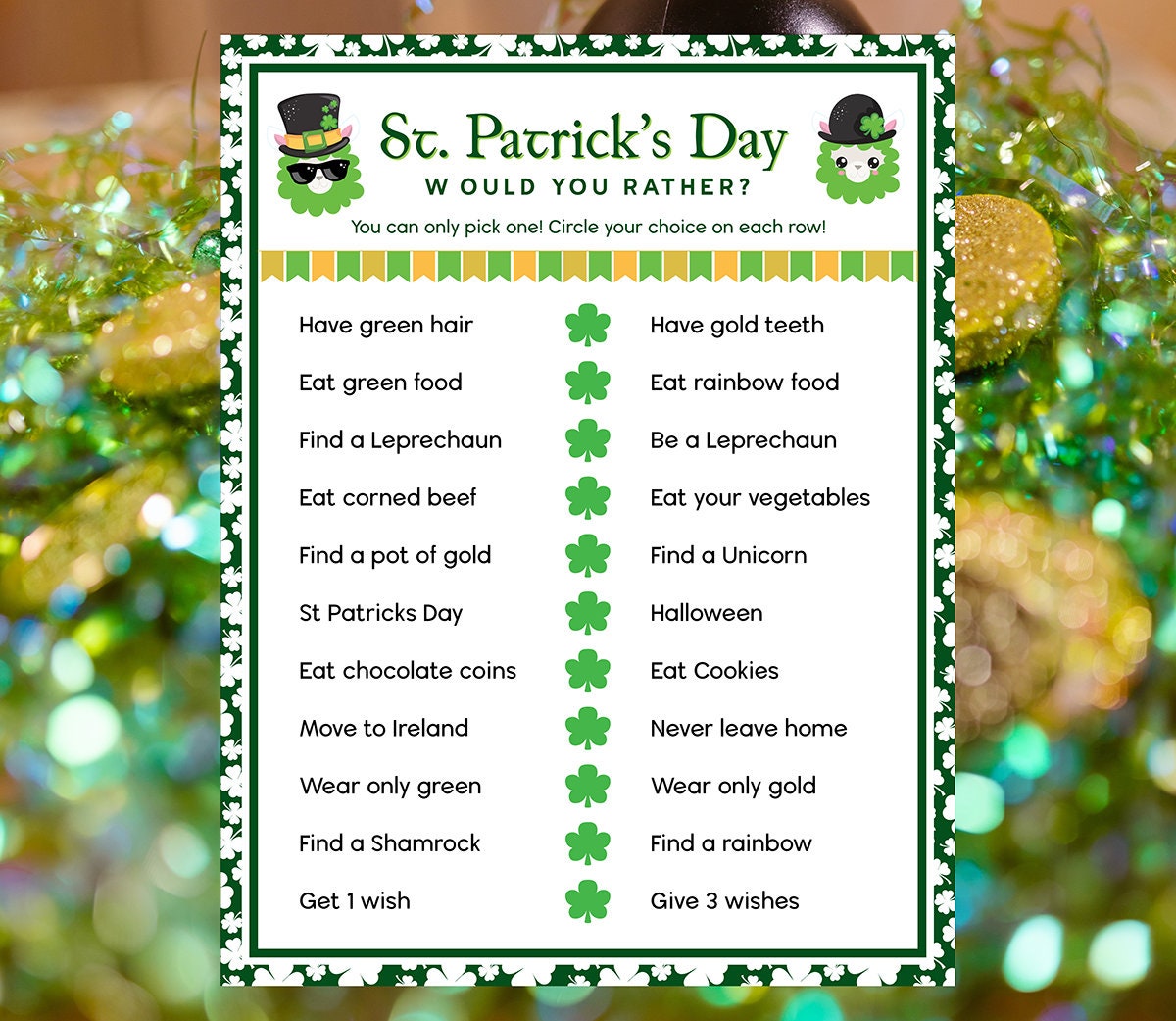 St Patrick's Day Would You Rather Game | St Patrick's Day This or That ...