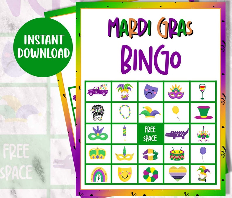 Mardi Gras Bingo, Printable Bingo Printable, Mardi Gras Games, Game for ...