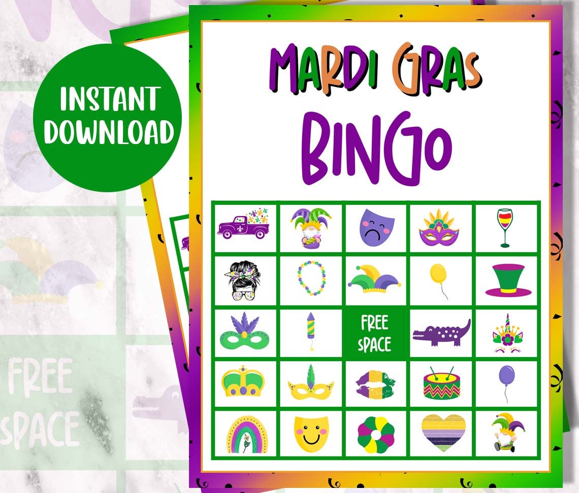 Mardi Gras Bingo, Printable Bingo Printable, Mardi Gras Games, Game for ...