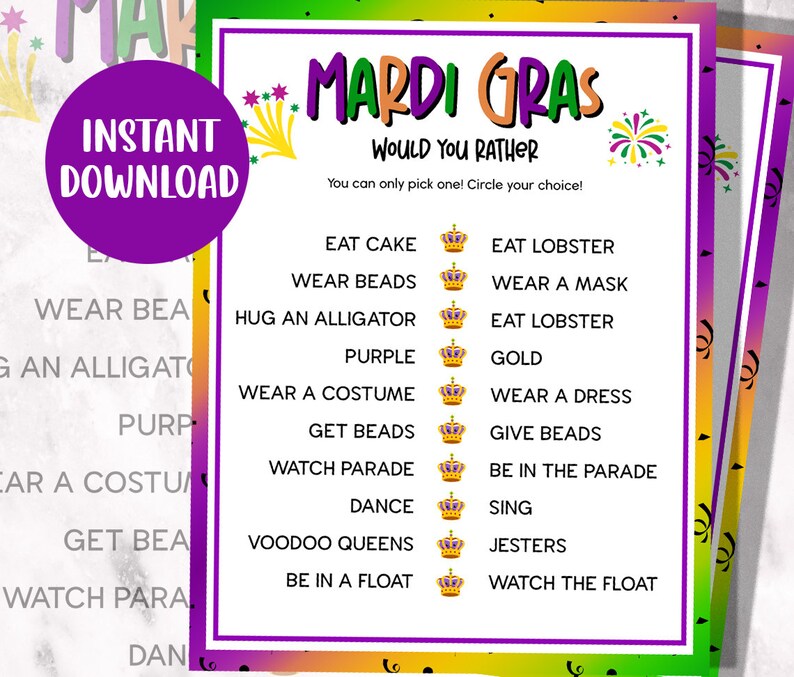 Mardi Gras Would You Rather Game for Kids, Mardi Gras Game, Mardi Gras ...