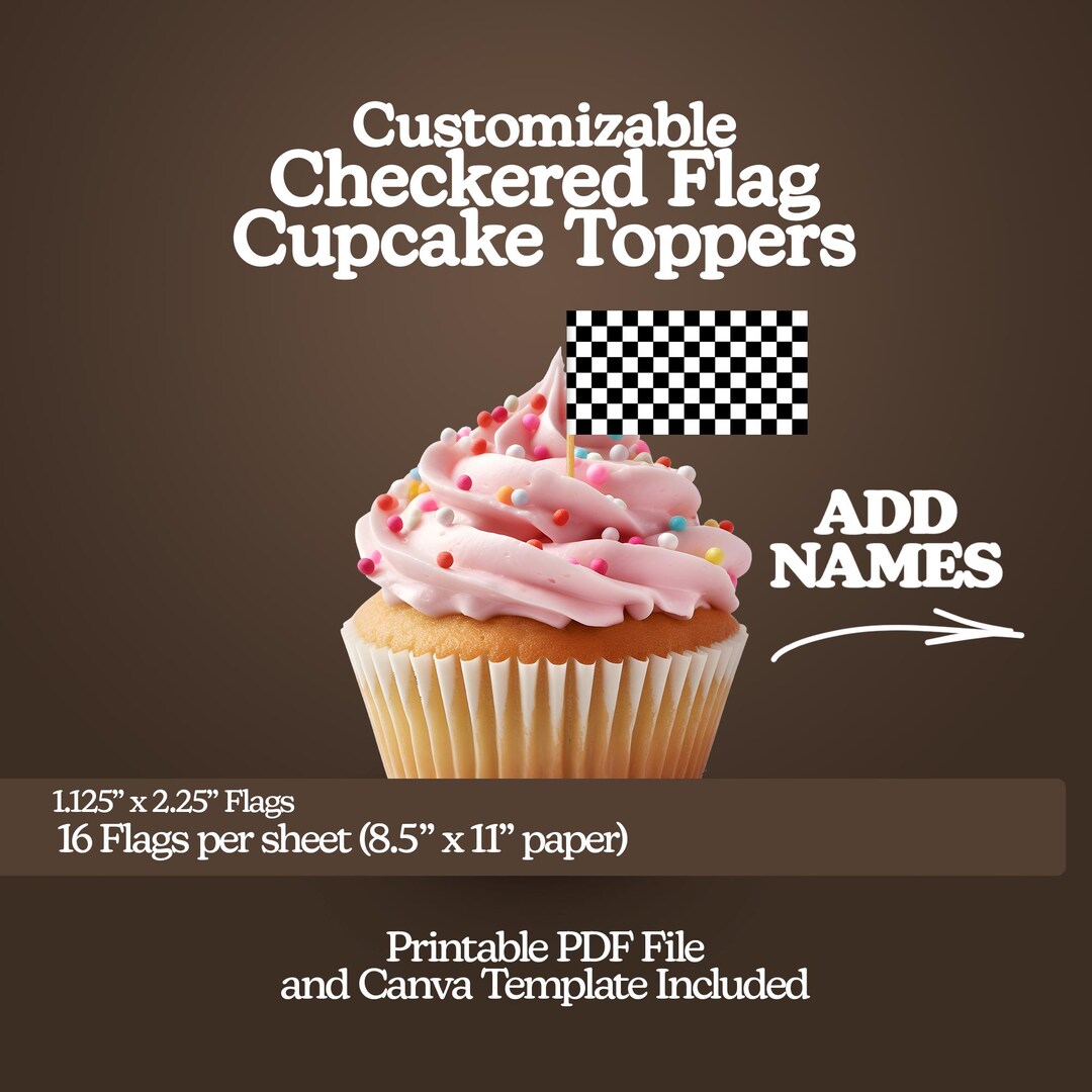 Checkered Flag Cupcake Toppers Printable PDF & Editable Canva Template ...