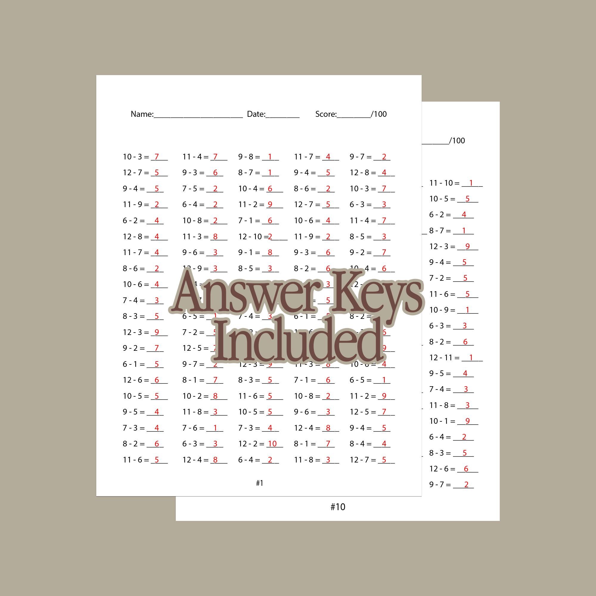 Subtraction Math Drill Worksheets, Subtraction Math Practice - Etsy