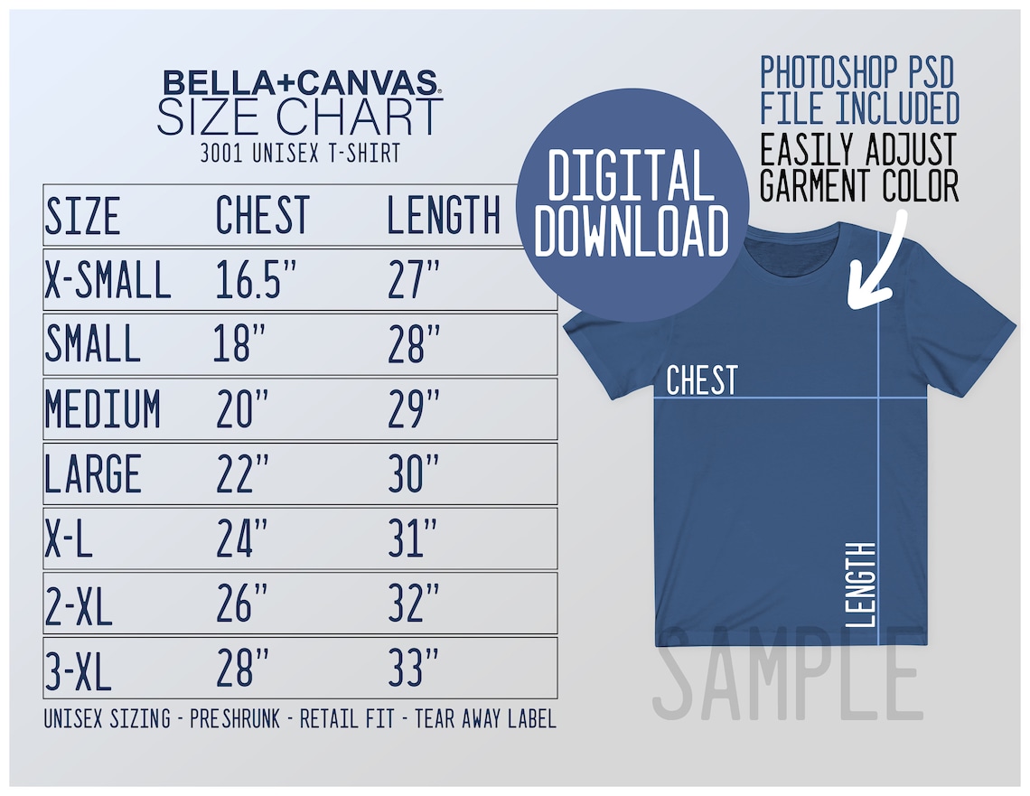 Bella Canvas 3001 Size Chart Bella Canvas Size Chart Etsy