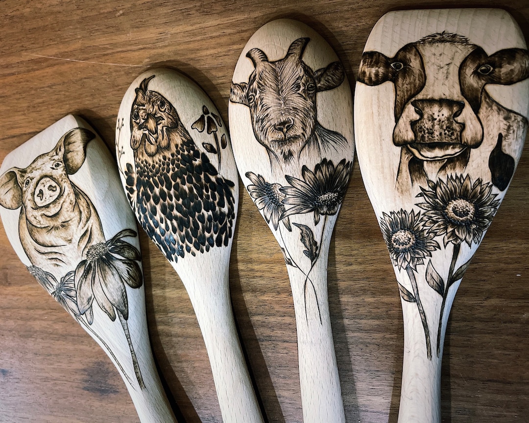 Wood-burned Spoon and Spatula - Farm Animals - Etsy