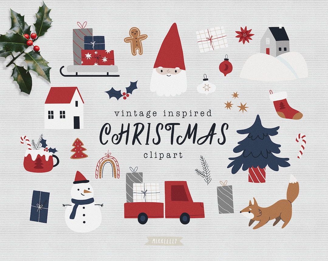 Retro Christmas Printable CLIPART, Cute Winter Clipart PNG, Christmas ...