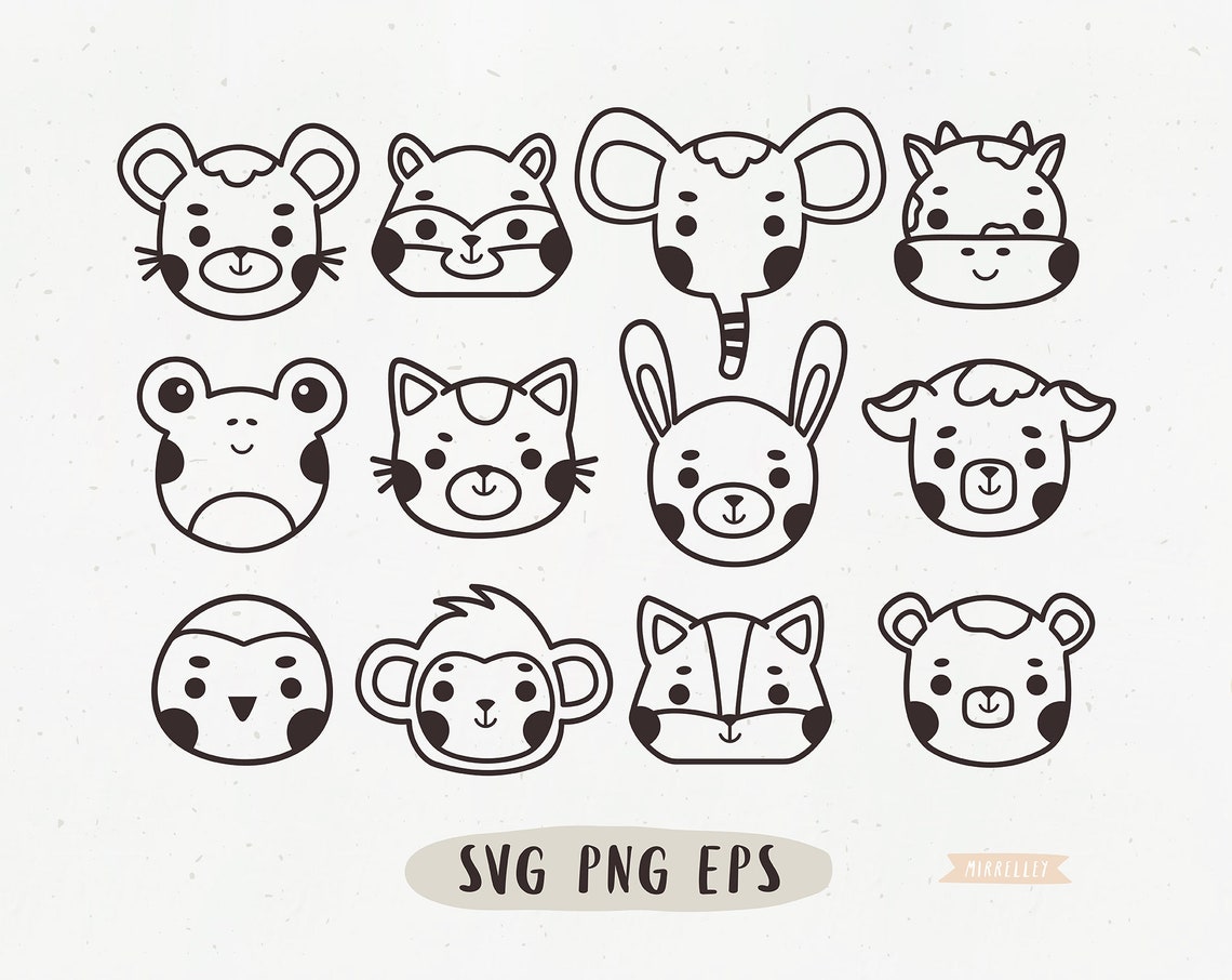 Baby Animal Svg Black and White Animal Face Clipart Bear Cat Monkey Svg ...
