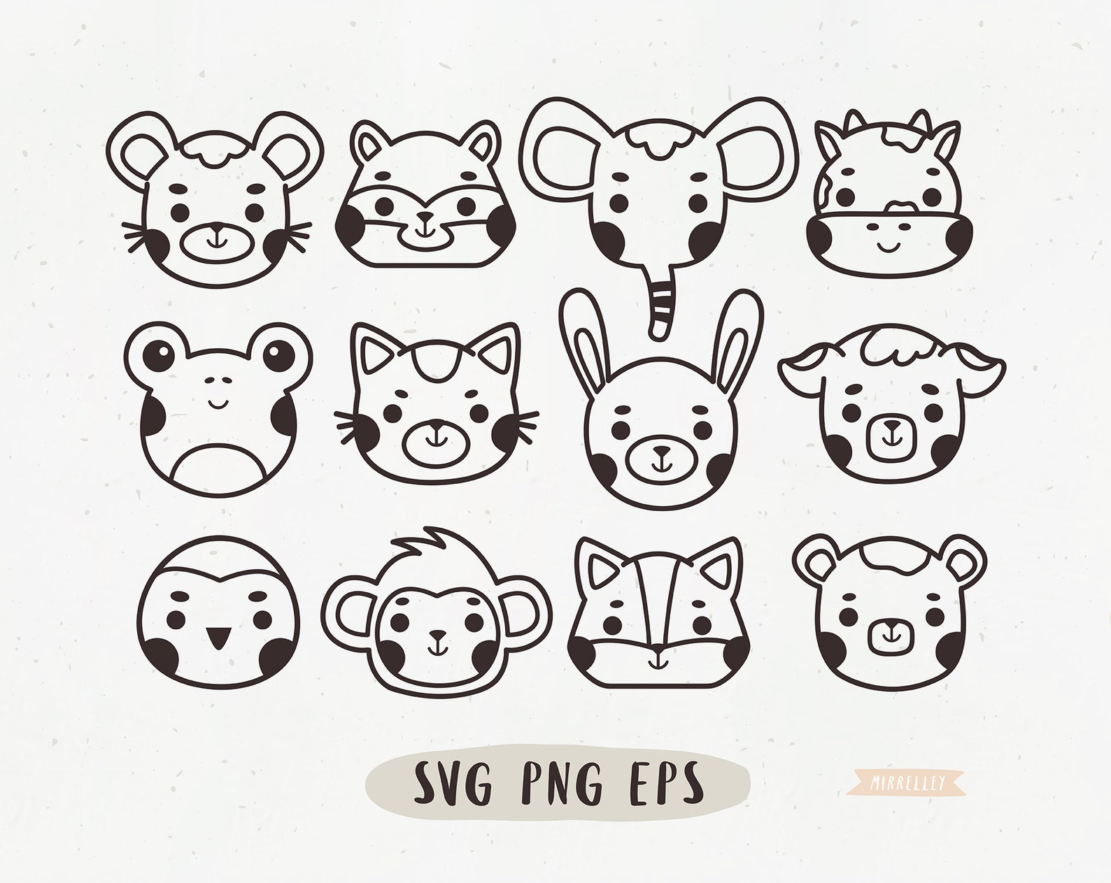 Baby Animal Svg Black and White Animal Face Clipart Bear Cat Monkey Svg ...