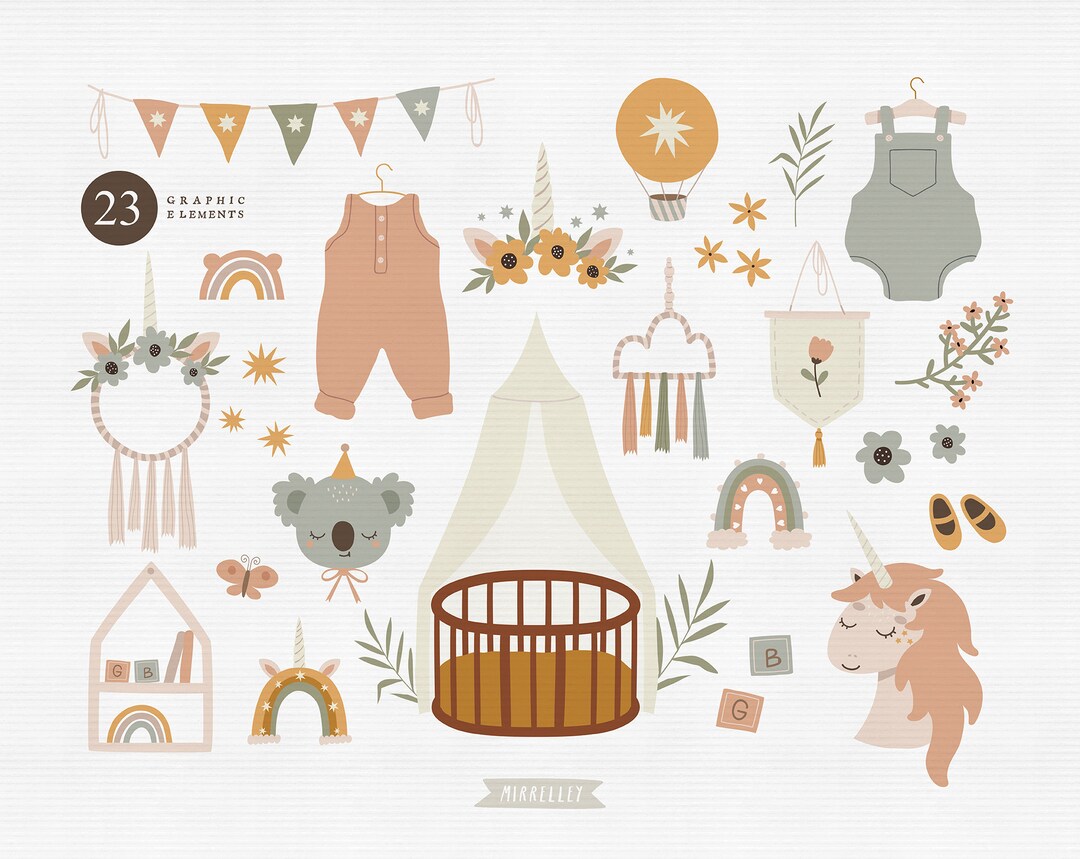 Unicorn Nursery CLIPART, Unicorn Baby Shower, Boho Baby Shower Clipart ...