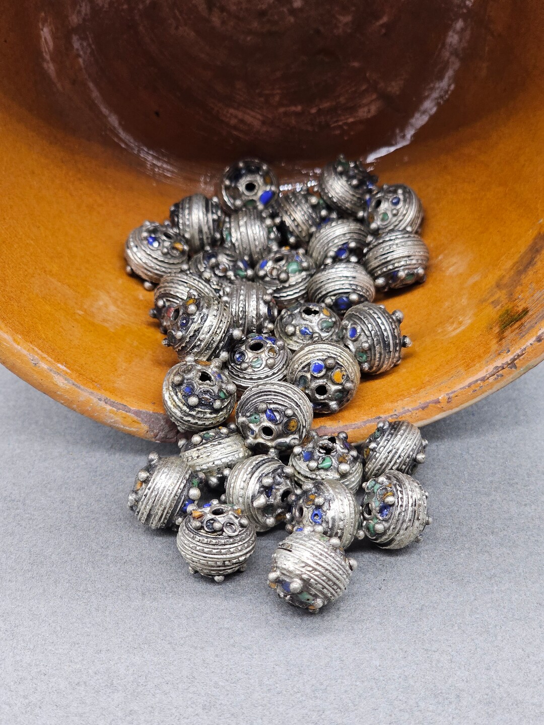 SET OF 4 Moroccan Distressed Metal Bead,hot Enamel, Silver Textured ...