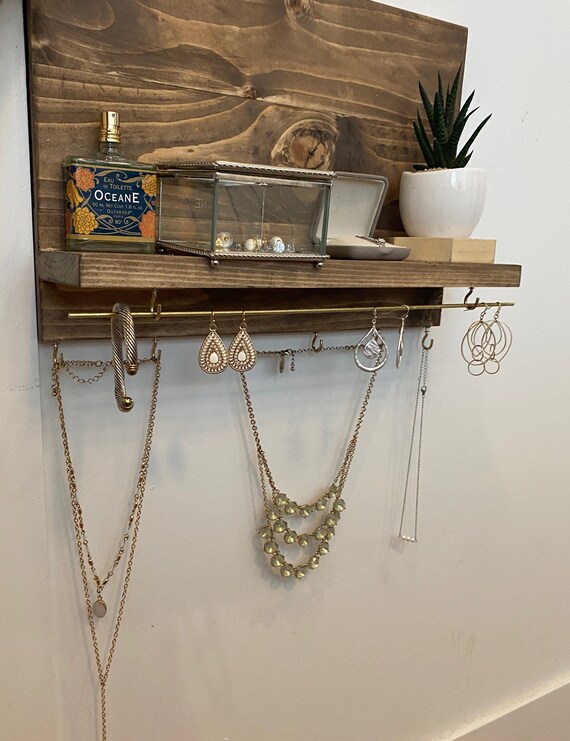 Wood Jewelry Shelf With Hooks | Etsy