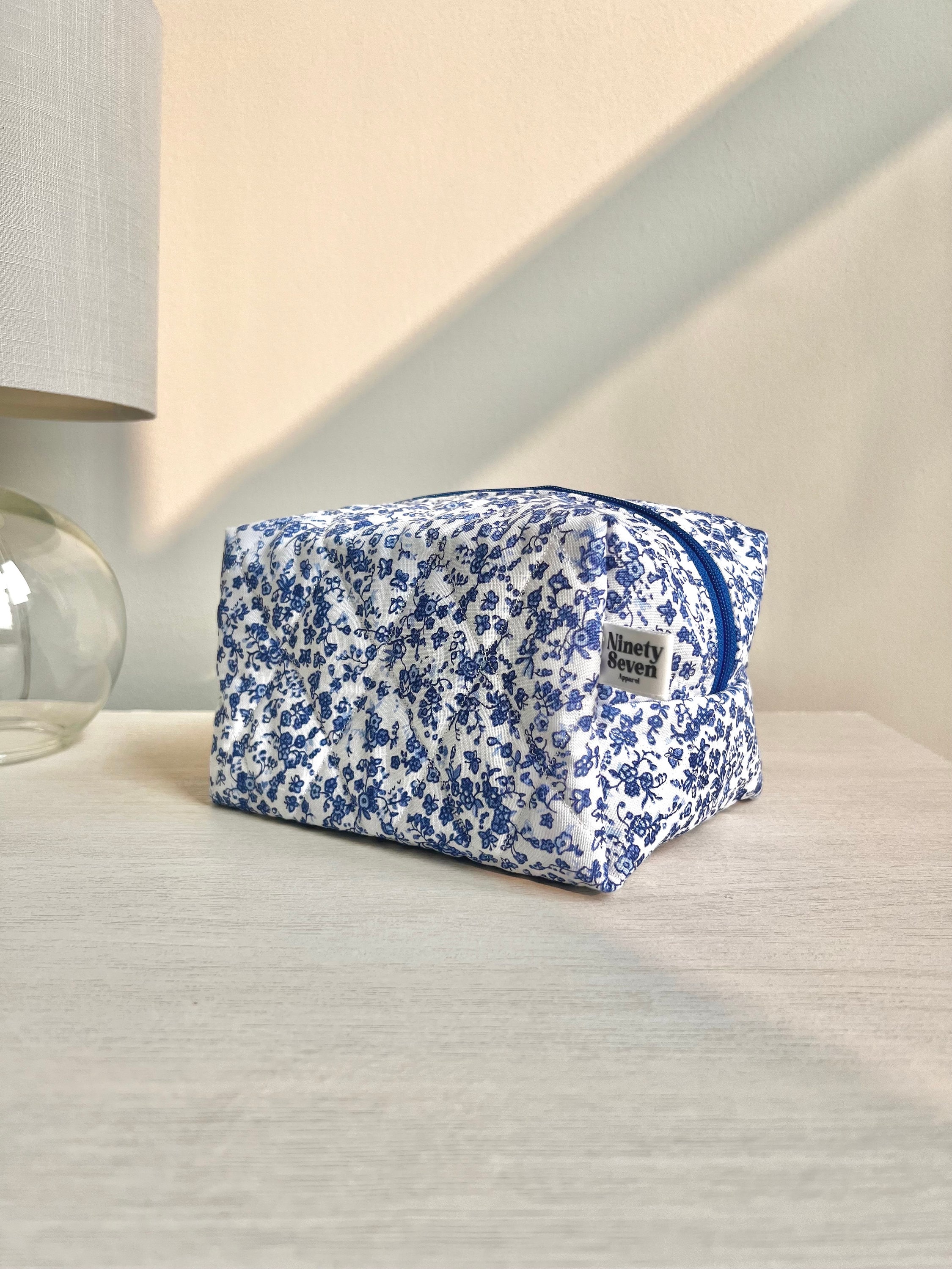 Blue Floral Qulited Makeup Bag, Floral Makeup Bag, Floral Quited Bag ...