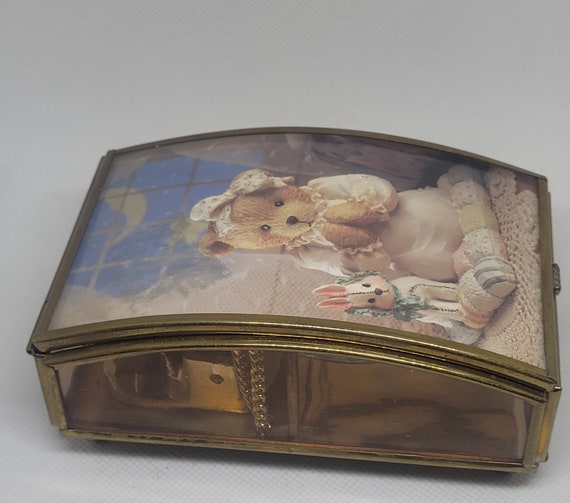 Vintage Musical Brass Teddy Bear Jewelry Box - Gem