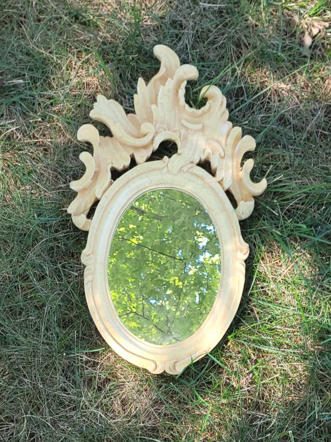 Vintage Mexico Folk Art Carved Ornate Wood Oval Mirror, Made Mexico ...