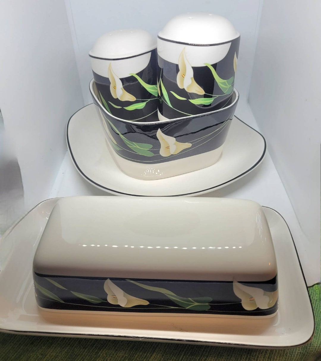 Vintage Sango #5101 Korea Quadrille Black Lilies Gravy Boat Butter Dish ...