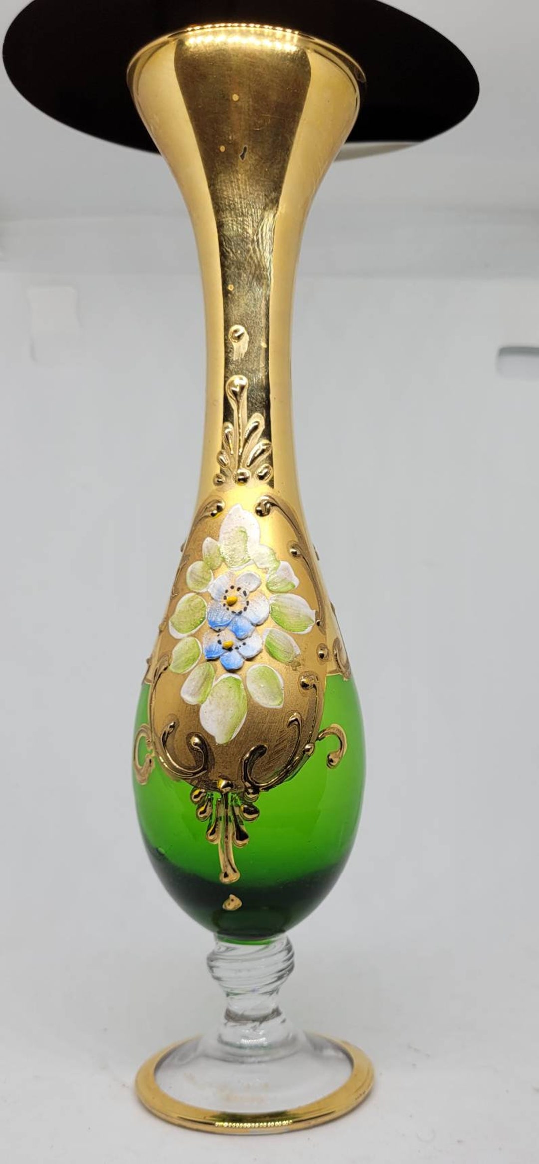 Vintage Green and Gold Handpainted Glass Bud Vase, Vases, Vase, Bud ...