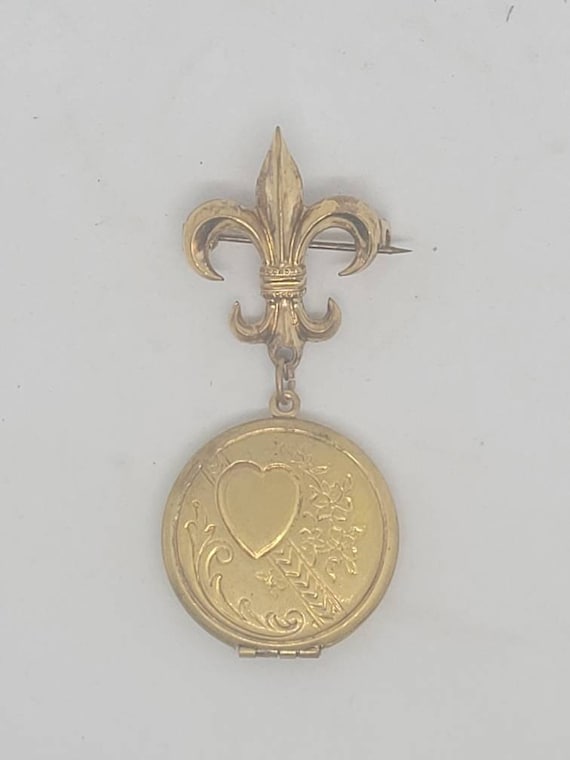 Antique 1930s Fleur De Lis Locket Pin Brooch Vintage Gem
