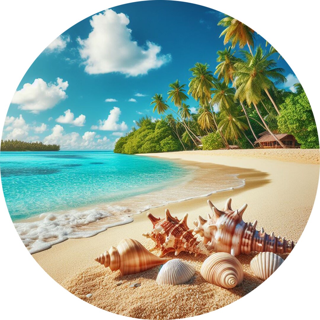 Conch Shell on Beach in Tropical Setting With Palm Trees 8 Inch Metal ...