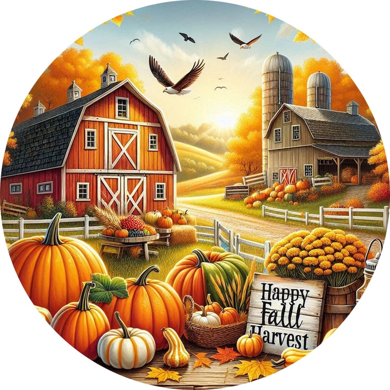 Country Scene 8 or 10 Inch Metal Wreath Sign With Happy Fall Harvest ...