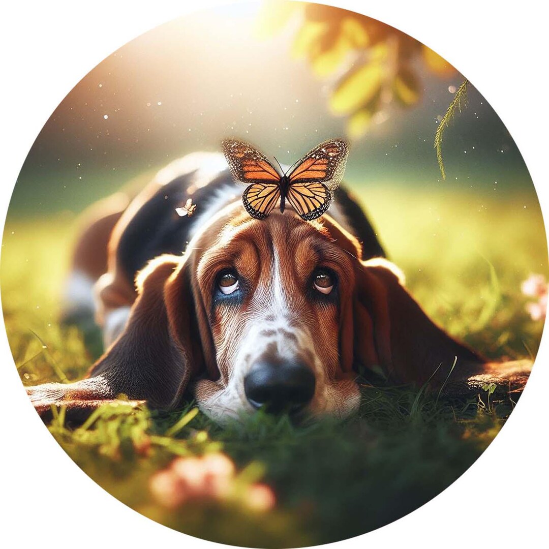 Bassett Hound With Butterfly on It's Head Looking up 8 Inch Metal ...