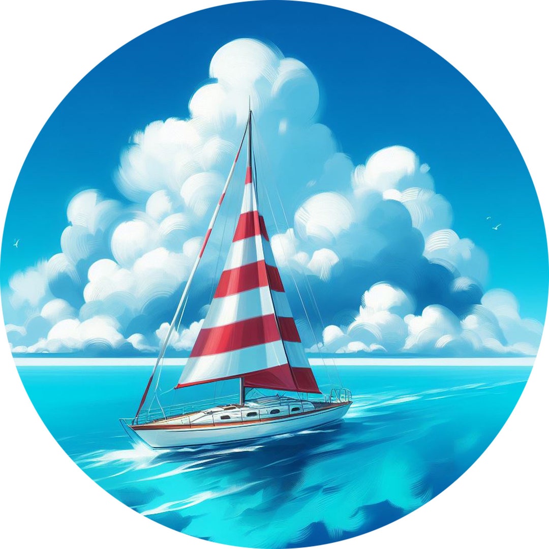 Sail Boat With With Red and White Stripe Sails and Clouds on Horizon ...
