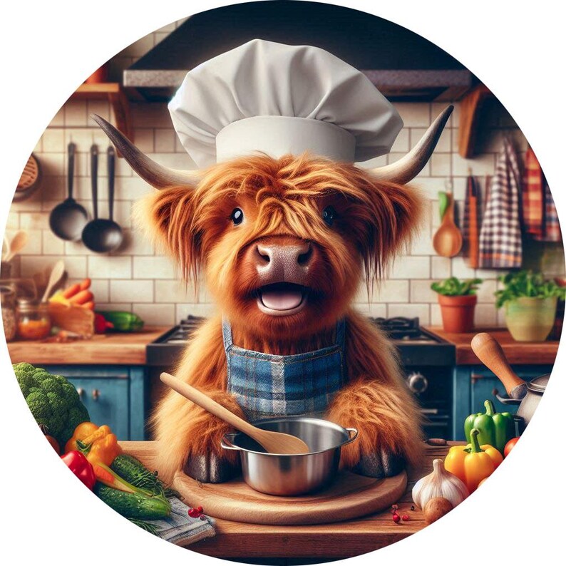 Highland Cow Cooking 8 Inch Metal Wreath Sign | Collection | Wall Art ...
