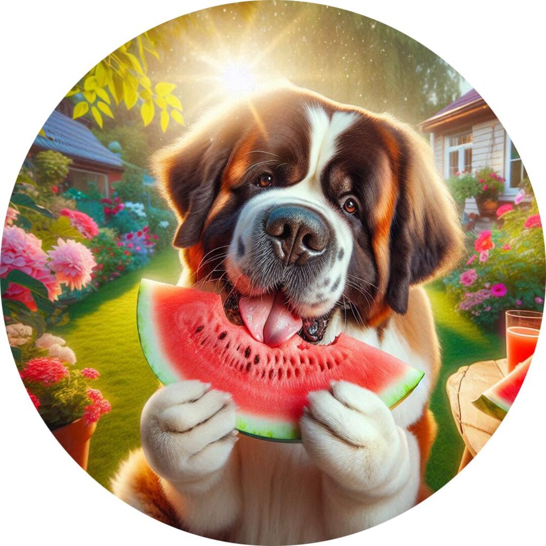 Saint Bernard Eating Watermelon 8 Inch Metal Wreath Sign | Funny Dog ...