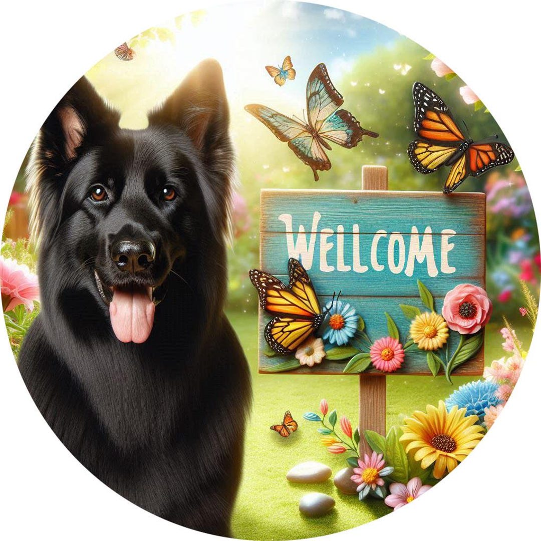 Springtime Black German Shepherd With Welcome 8 Inch Metal Wreath Sign ...