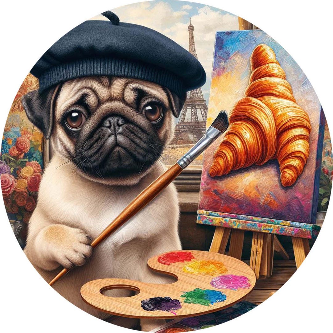 Pug Painting a Croissant Wearing a Beret in Paris 8 Inch Round Metal ...