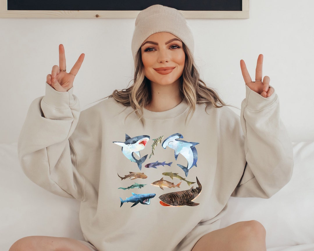 Watercolor Shark Hoodie, Types of Sharks Sweatshirt, Illustrated Hoodie ...
